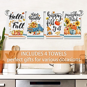 Fall Kitchen Towels Sets of 4 - Autumn Fall Dish Towels Dishcloths - Fall Hand Towels Bathroom Thanksgiving Tea Towel - Buffalo Plaid Pumpkin Gnome Farmhouse Theme Decorative Quick Dry Microfiber
