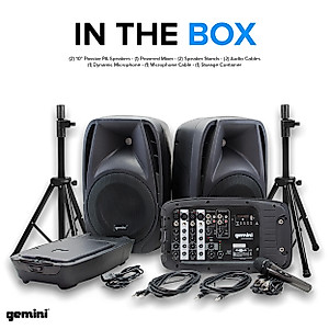 Gemini Sound Professional PA System - Dual 10" Speakers with 600W Amp, Bluetooth, Mixer, USB/SD, Durable Design, Includes 2 Speaker Stands for DJs, Musicians