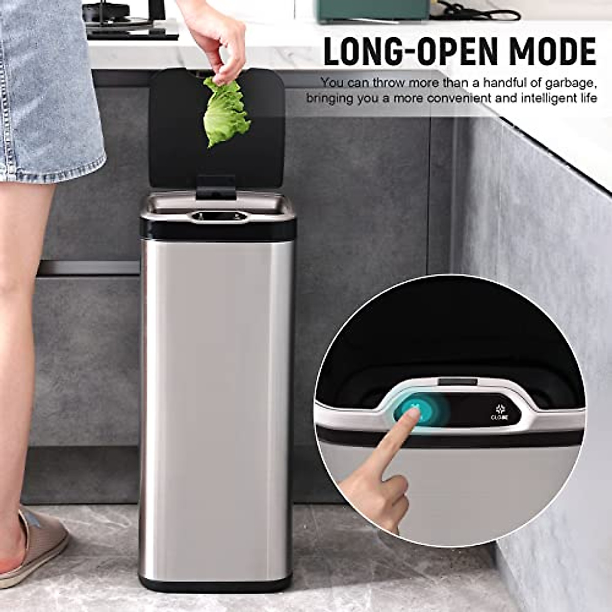 Square Stainless Steel ELPHECO 8 Gallon Sensor Trash Can with Lid, 30 Liter Automatic Kitchen Garbage Can, Slim Metal Trash Can for Home, Hotel, Office Building, Public Places
