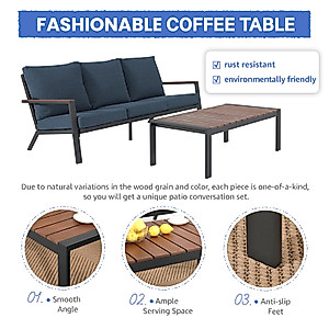 Soleil Jardin Aluminum Patio Furniture Set with FSC Certified Solid Wood Top Armrest & Coffee Table, Outdoor Deep Seating Sectional Sofa, 5 Piece Conversation Sets w/Removable Cushion, Denim Blue