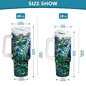 RPLIFE Peacock Stained Glass 40 Oz Tumbler with Handle, Stainless Steel Tumbler with Straw, Coffee Tumbler for Women