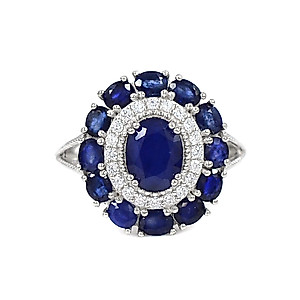 September Birthstone Natural 9X7 MM Oval Cut Blue Sapphire Gemstone 925 Solid Silver Cluster Unisex Proposal Ring Wedding Jewelry For Bridal Gift (Rhodium Plated Silver, 6)