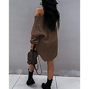 NOLLSOM Women Casual Long Sleeve Relaxed Fit Long Pullover Off Shoulder Solid Ribbed Knit Sweater Jumper Fall Winter(Solid Brown,Large)