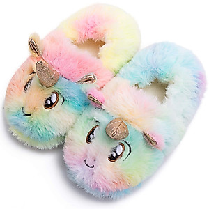 eccbox Toddler Boys Girls Cute Slippers Unicorn Fluffy Fuzzy Winter Warm Slippers Cartoon Animal Plush Indoor House Slip-on Shoes (Pink Unicorn, numeric_9)