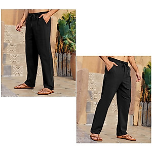Gafeng Mens Linen Pants Yoga Beach Loose Fit Casual Summer Elastic Waist Drawstring Baggy Trousers with Pockets Black