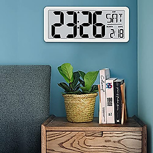 TXL Large Digital Day Wall Clock, Custom 8 Languages Calendar, Count up-Down Timer and Temp Reminder, 12/24Hr Desktop Alarm Clock with 14.17" Extra Large Display for Home Office Studio Hotel, White