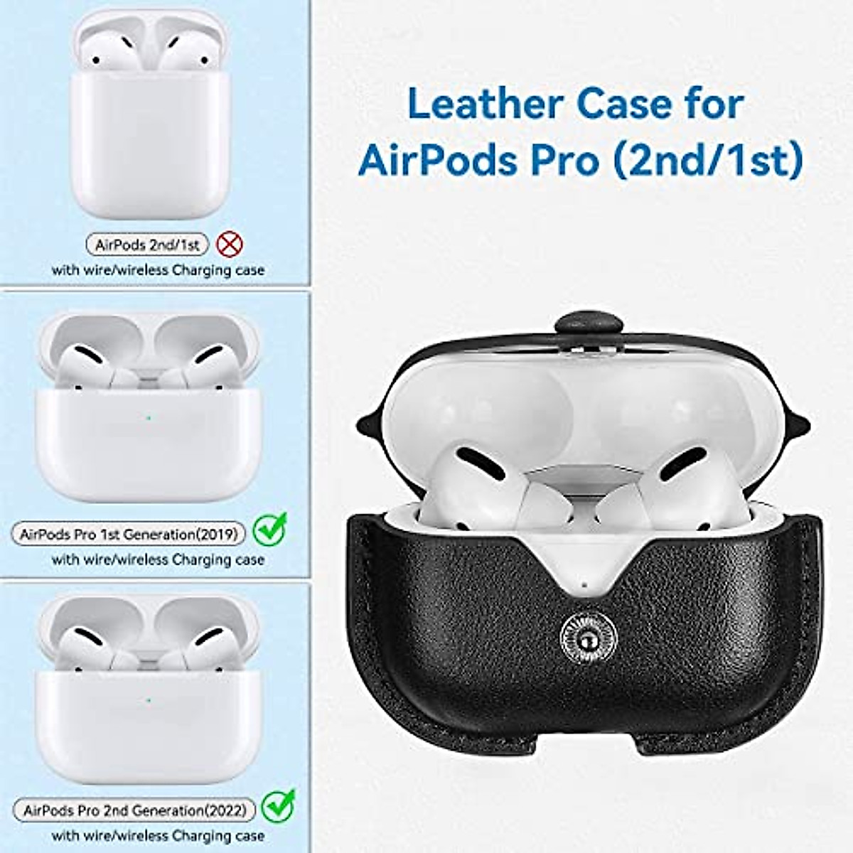 KMMIN Leather AirPods Pro 1 & 2 Case with Secure Snap Keychain,4 in-1 AirPods Pro Accessories Set with AirPods Pro 2019/2022 Protective Case Cover/Storage Bag/Anti-Lost Strap/Clean Brush,Black