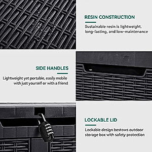 YITAHOME 100 Gallon Large Deck Box w/Storage Net, Resin Outdoor Storage Boxes, Waterproof Patio Cushion Storage Bench for Patio Furniture, Pool Supplies, Garden Tools- Rattan,Lockable (Black)