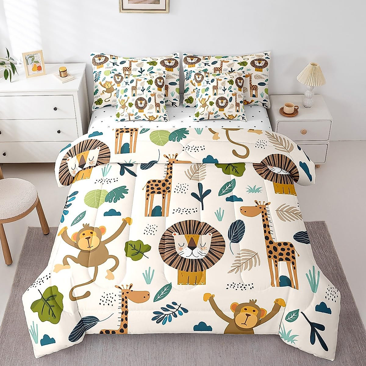 Feelyou Safari Animals 7 Piece Bedding Set Twin, Cartoon Lion Giraffe Comforter Set with Sheets Cute Monkey Bed in a Bag for Kids Nature Wildlife Bed Set