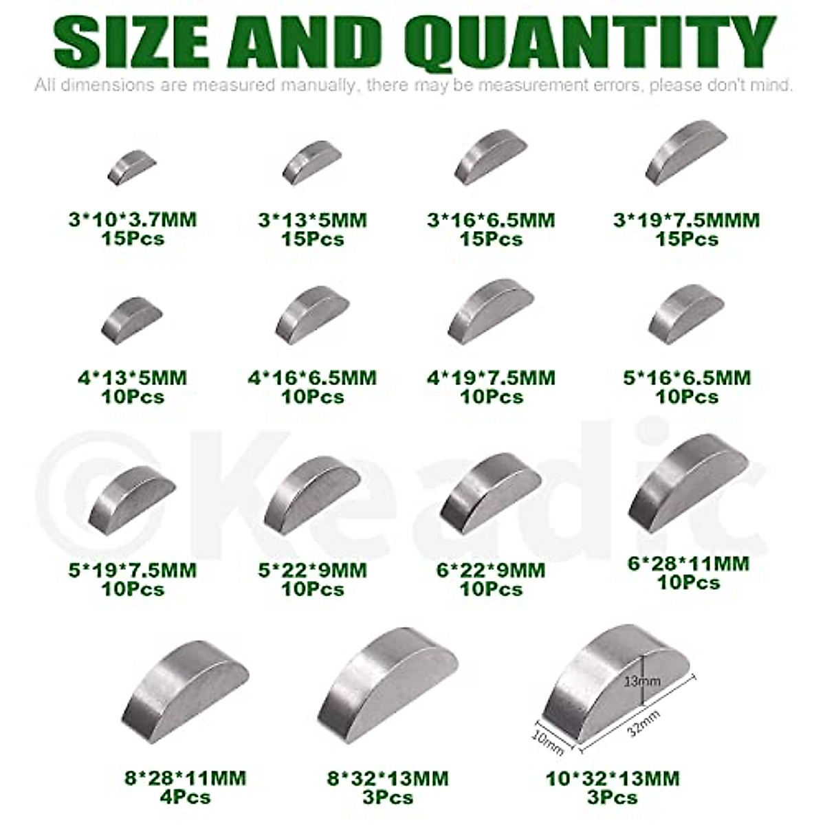 Keadic 150Pcs 15 Sizes Metric Woodruff Key Assortment Set, Carbon Steel Half Moon Gear Shaft Drive Semicircle Bond Key Pulley Crank Hardware Accessories for Mechanical Industry Fasteners