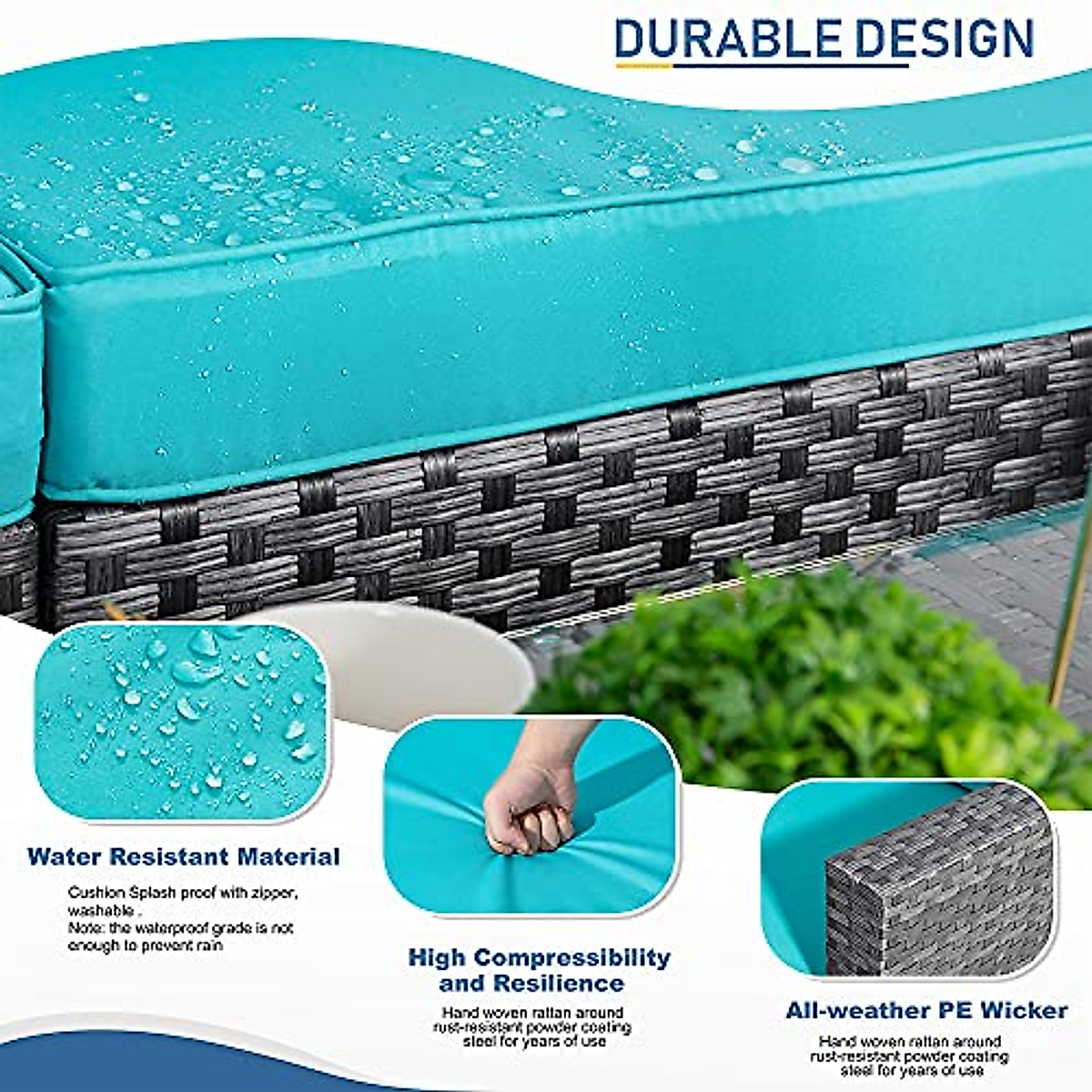 Walsunny 7pcs Patio Outdoor Furniture Sets,Low Back All-Weather Silver Gray Rattan Sectional Sofa with Tea Table&Washable Couch Cushions&Ottoman,Blue