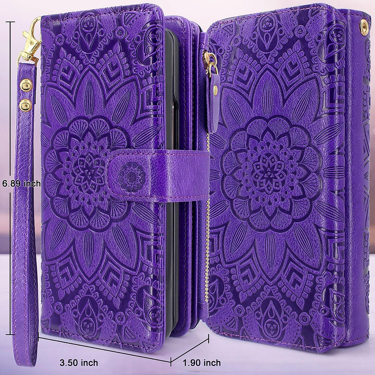 Harryshell Detachable Magnetic Case Wallet with Cash Coin Zipper Pocket 12 Card Slots Holder Wrist Strap Lanyard for Samsung Galaxy Z Fold 5 5G Z Fold5 (2023) (Flower Purple)