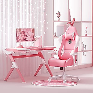 AutoFull C2 Pink Bunny Gaming Chair Cute Kawaii Gamer Chair for Girl Ergonomic Computer Gaming Chair with Lumbar Support PU Leather High Back Racing Gaming Chairs