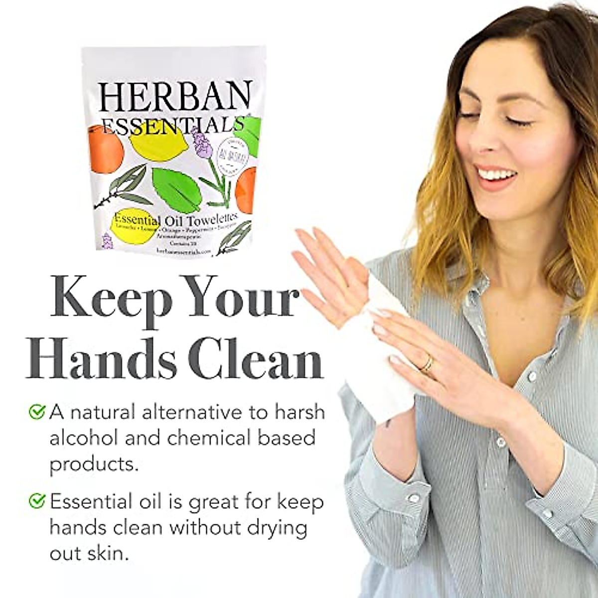 Herban Essentials Travel Body Wipes - Essential Oil Wipes for Hands, Travel Face Wipes - Natural Hand Wipes, Moist Towelettes Individually Wrapped Body Wipes for Adults - Asst. 20 Count