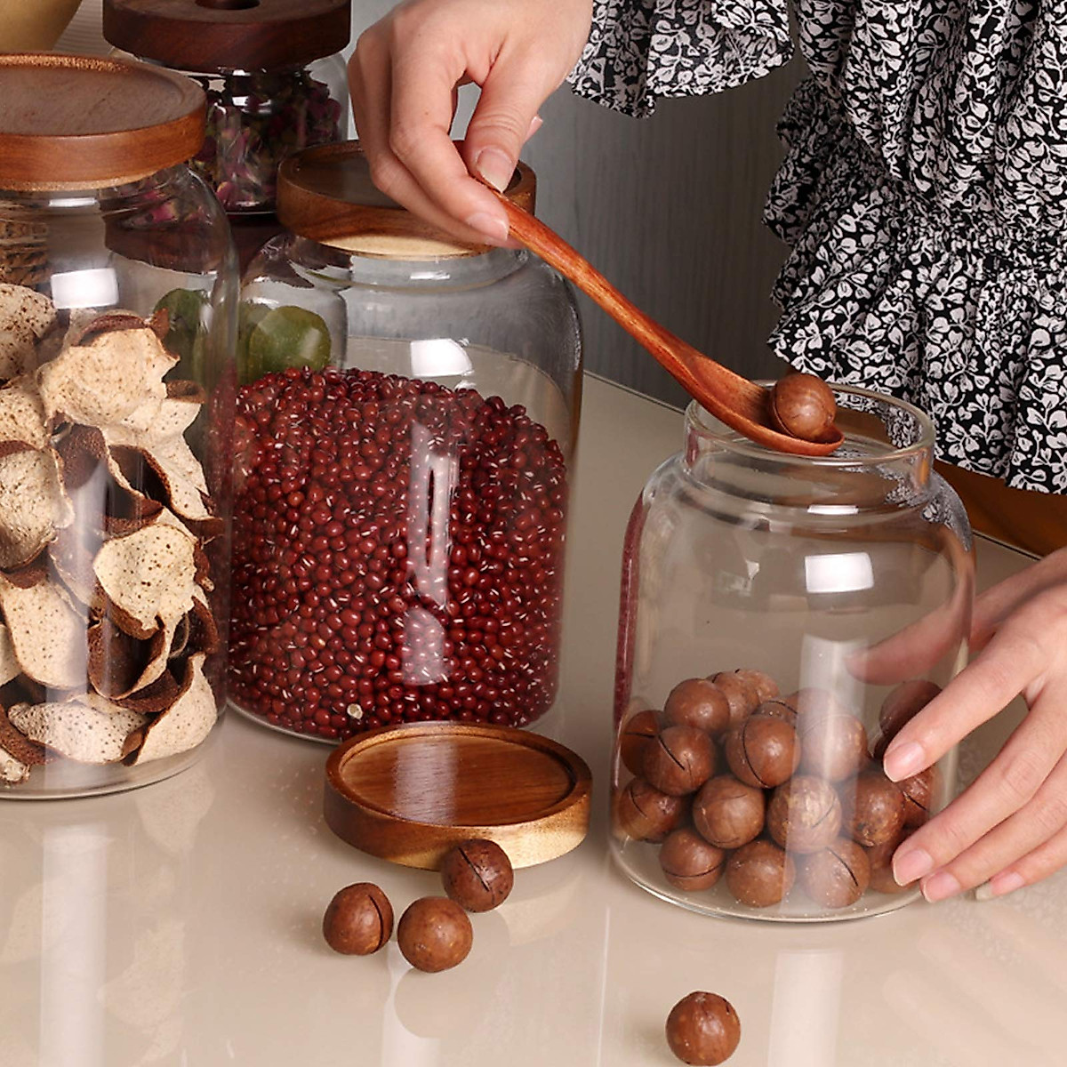 Bekith 2 Pack 42 FL OZ (1250ml) Glass Storage Jars with Wooden Lids, Glass Food Storage Container with Airtight Lid, Glass Pantry Canister for Beans, Rice, Sugar, Coffee and etc