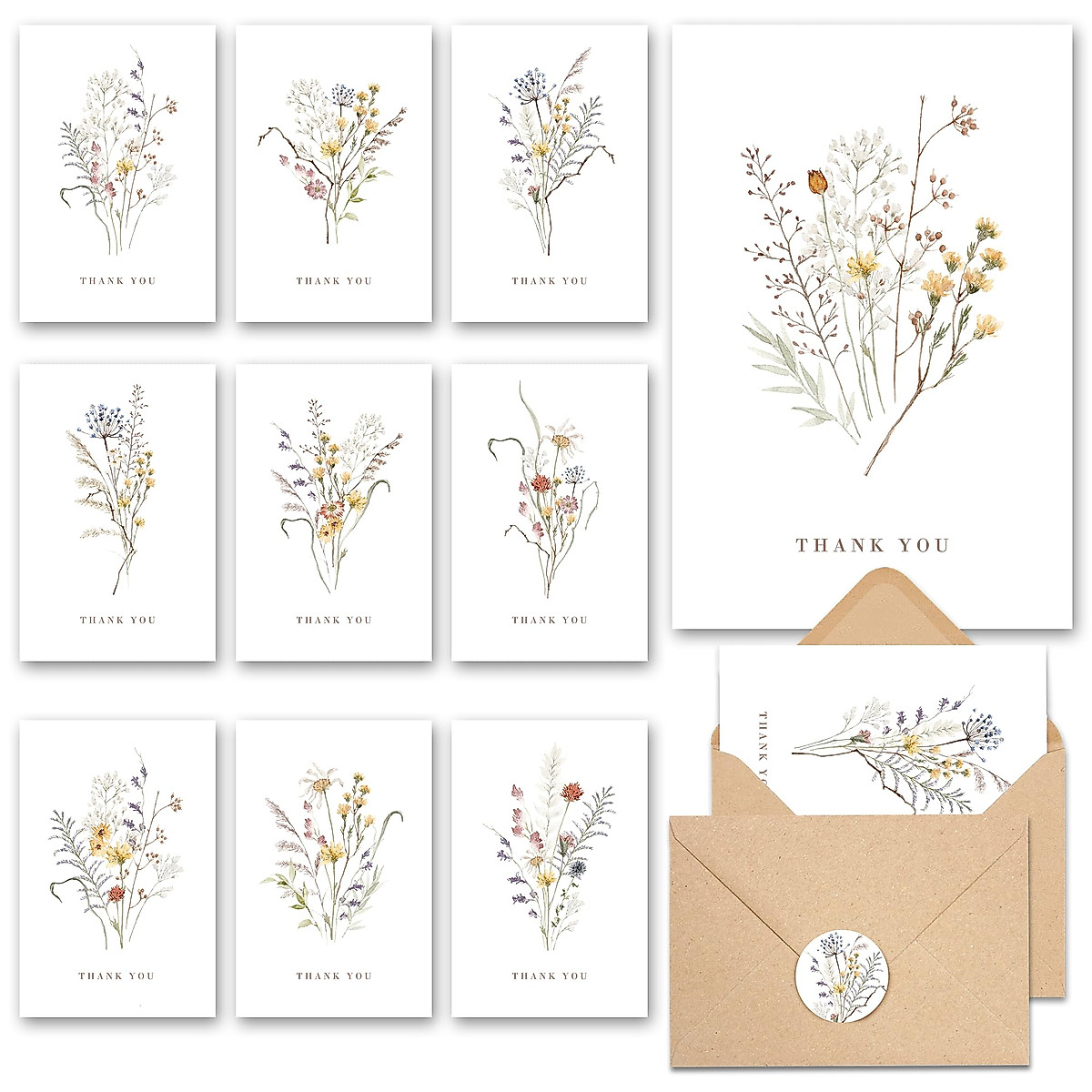 Wildflower Thank You Cards with Envelopes (20 pack 4"x6") - Floral Thank You Cards with Adhesive Envelope & Matching Stickers - Thank You Cards for Birthday, Wedding, Bridal Showers, Baby Showers