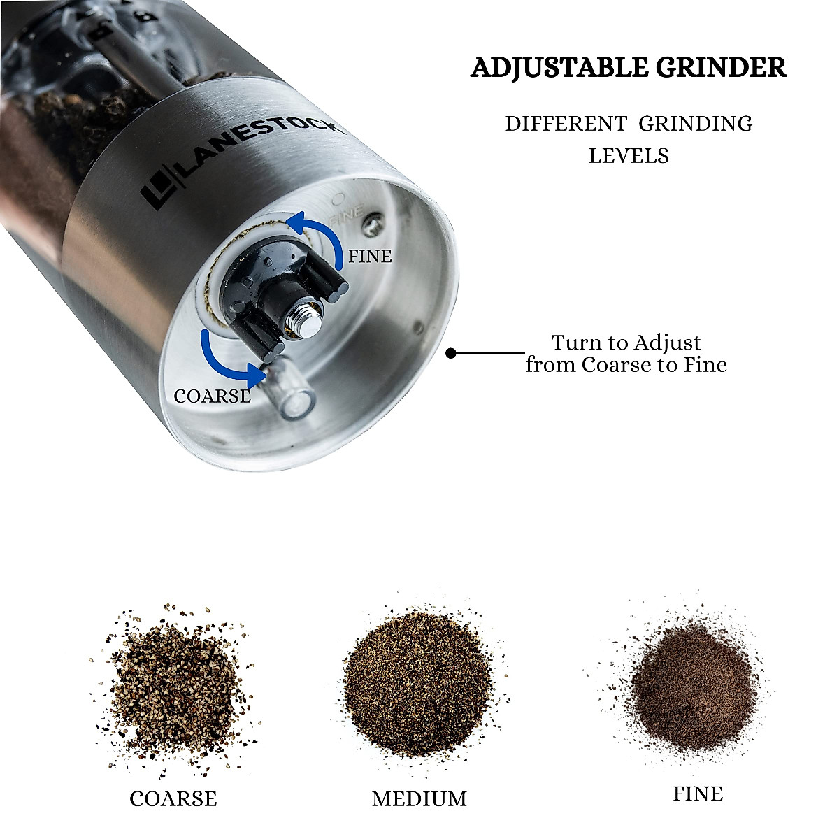 Electric Salt and pepper grinder by Lanestock - Combo set of battery operated stainless steel spice grinders with stand - LED light and adjustable knob on each mill - Powerful motor - long life-span