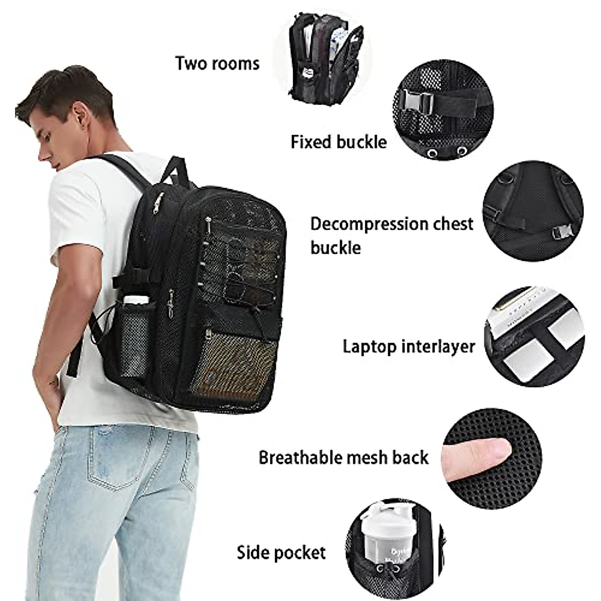 UEASE Mesh Backpack Heavy Duty for School, 29L Large Inches Mesh Bookbag for Adults, See Through Black Mesh School Bag with Laptop Pocket for Work Swimming Beach Fitness Sport