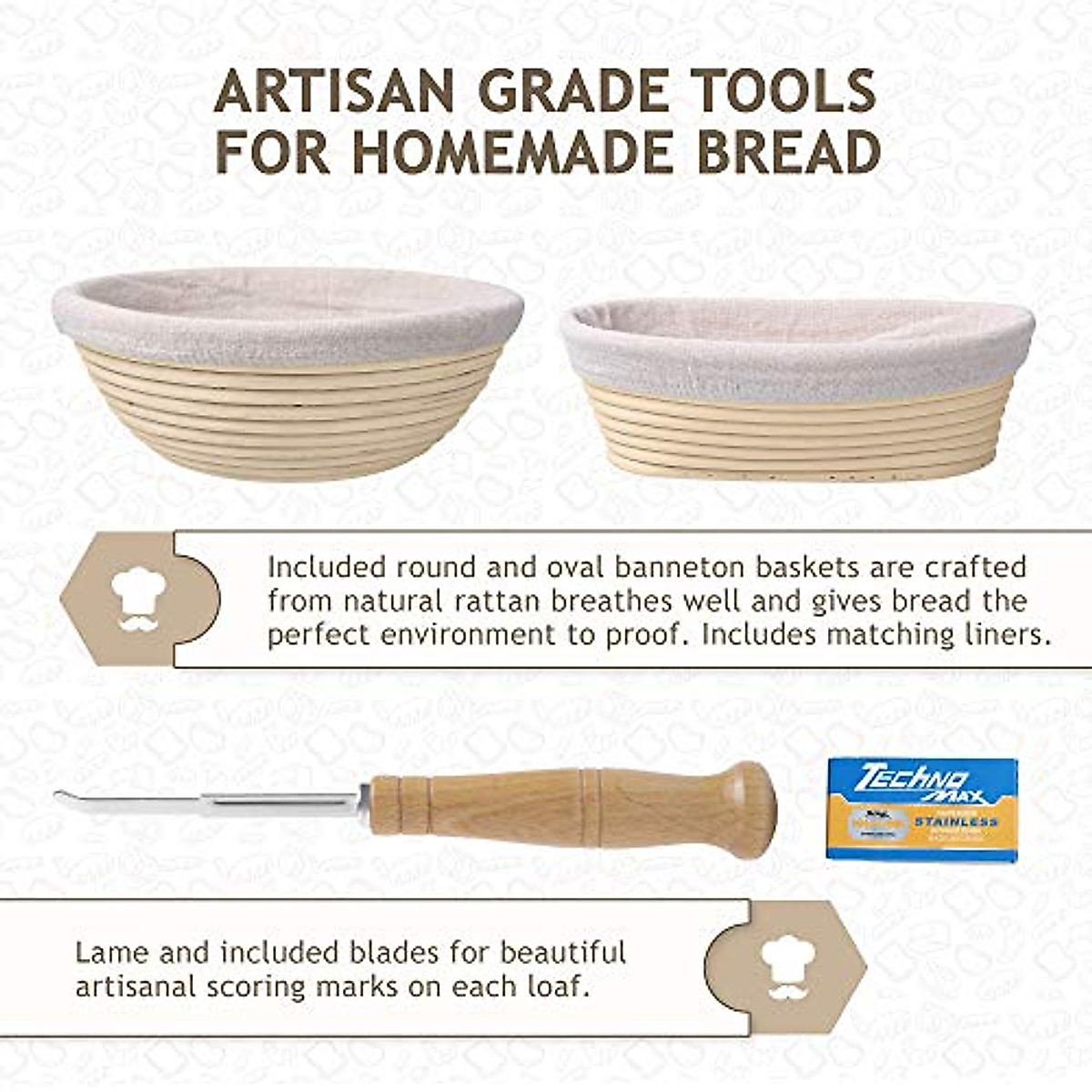 La Patisserie Bread Proofing Basket – 11 Piece Bread Baking Kit with Round and Oval Banneton Basket, Liners, Dough Scrapers, Scoring Lame, Blades, Digital Scale, Canvas Bread Bag