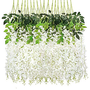CEWOR 18 Pack Wisteria Hanging Flowers 3.7 Feet Artificial Flowers Fake Wisteria Vine Hanging Garland Silk Flowers String for Wedding Party Home Greenery Wall Decor (White)