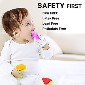 Teething Mittens for Baby (2 Pack) with Baby Teething Toys (3 Pack), Self Soothing Pain Relief Mitt, Silicone Baby Teethers, BPA-Free, Natural Organic Freezer Safe for Infants and Toddlers