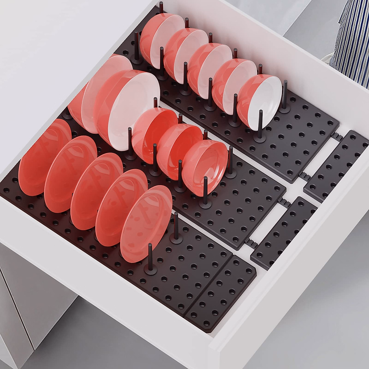 AEARY Pegboard Drawer Organizer for Kitchen Cabinet, Plate Organizers for Cabinets, Adjustable Cupboard Pegboard Tray, Dish Racks Bowl Drying Racks, Expandable Plate Holders Storage (2pcs, Black)