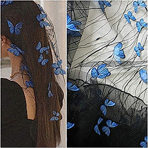 3D Vivid Butterflies Mesh Lace Fabric French Tulle lace for DIY Wedding Dress Costume Accessories Flower Girl Gown Dress Bridal Veil Home Decor (3 Yard, Black mesh+Blue Butterflies)