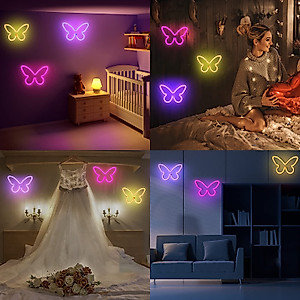 BRIGHTDECK 3 Pcs Butterfly Neon Signs, Neon Light for Bedroom, USB or 3-AA Battery Powered LED Wall Décor for Valentines Day Birthday Gift, Wedding, Party, Home Decor (Pink, Purple, Warm white)