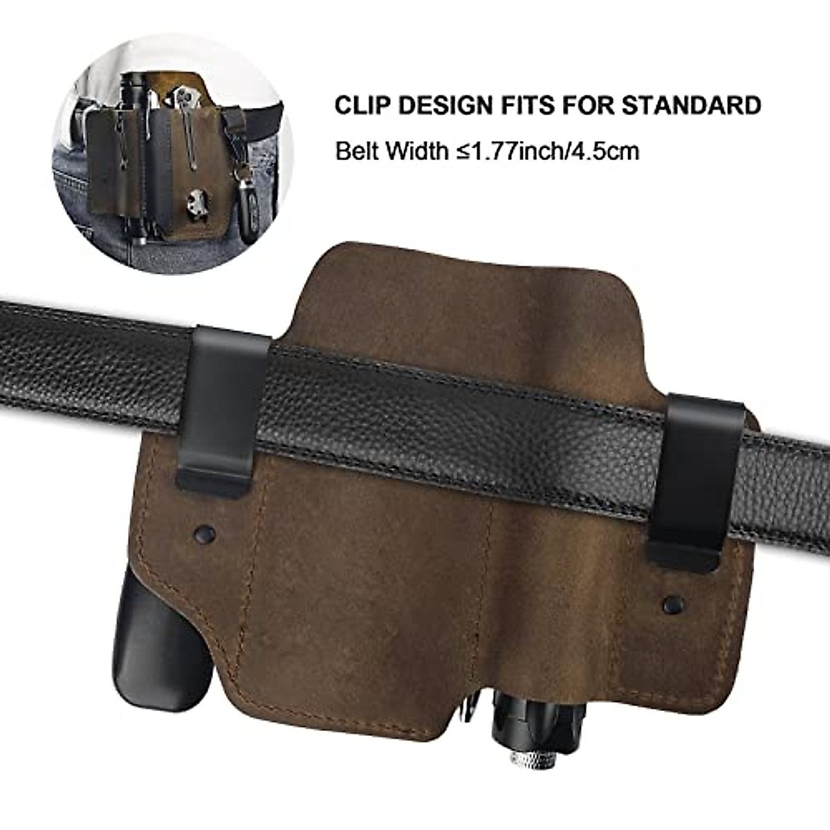 Leather Multitool Sheath, EDC Pocket Belt Organizer for Men with Flashlight Holster, Knife Sheath, Pen Holder and Keychain Clip (Brown)