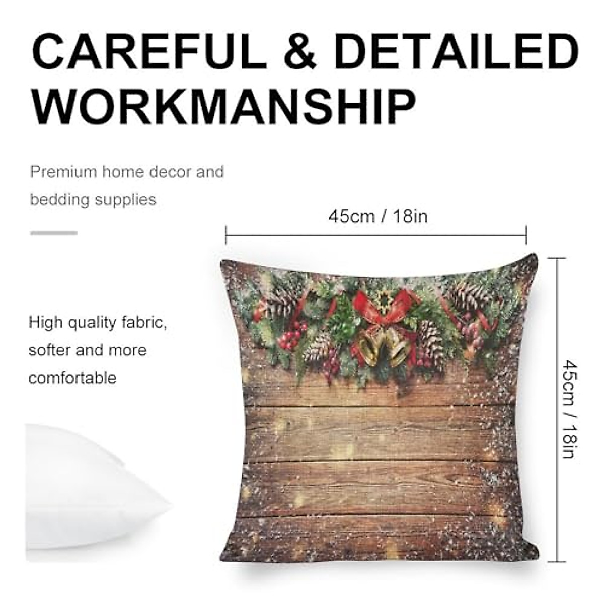 Christmas Bells Fir Tree Throw Pillow Covers 18×18 Pillowcases Set of 2 Dark Wooden Board Linen Decorative Square Pillow Case Cushion Covers Standard Size for Sofa Couch Outdoor Bed Pillow Protectors