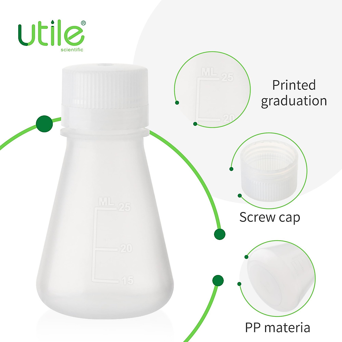 Utile Plastic Erlenmeyer Flask Set with Screw Caps, 12pcs of Vol.25ml Scientific Conical Flask Laboratory Flask, with Molded Graduations, 4023.0630.12