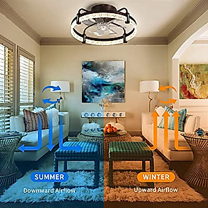 YITAHOME 20" Ceiling Fan with Lights, Low Profile Flush Mount Ceiling fan, Enclosed Bladeless Fan with Quiet Reversible DC Motor, 6 Speeds, for Bedroom,Living Room Kitchen, Indoor, Brown