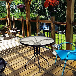 Tangkula 32” Outdoor Dining Table Round, Tempered Glass Top Steel Frame with 1.6 inch Umbrella Hole, All Weather Patio Side Table for Backyard Lawn Balcony Poolside or Garden