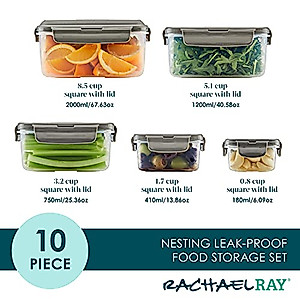 Rachael Ray Leak-Proof Nestable Container Food Storage Bin Set, 10-Piece Square, Gray Lid