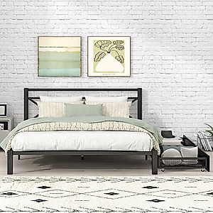 Queen Size Platform Bed Frame, Metal Bed Frame with 2 Storage Drawers Queen Bed Frame with Headboard More Sturdy, Noise-Free, No Box Spring Needed, Easy Assembly, Black