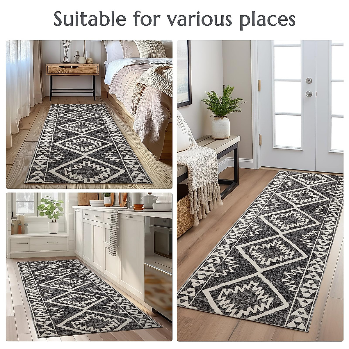 JINCHAN Boho Kitchen Runner Rug 3x12 Moroccan Trellis Hallway Runner Rug Washable Tribal Runner Non Slip Soft Geometric Thin Farmhouse Rug for Bedroom Bathroom Laundry Room Living Room Heathered Black