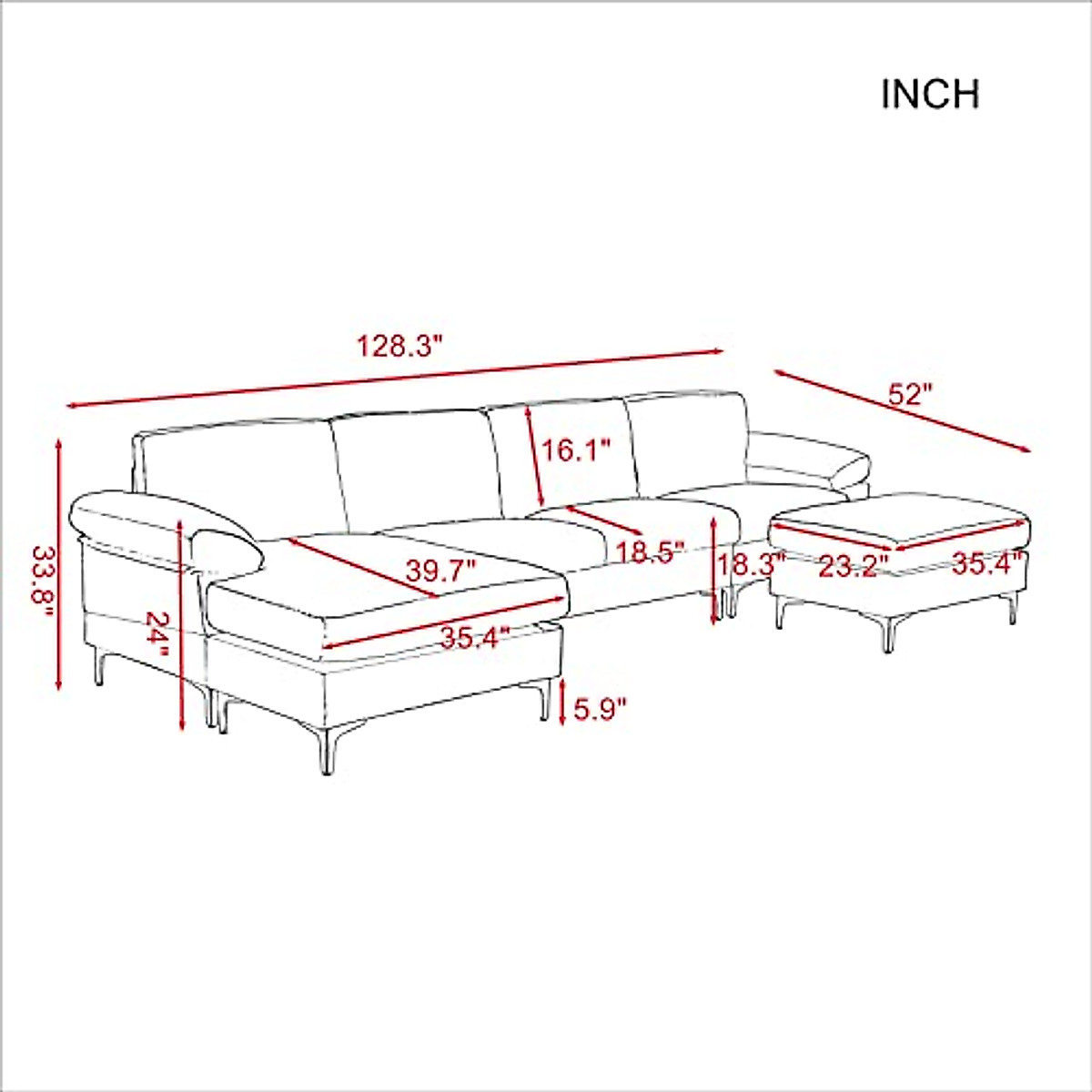 Knowlife Modern Corner Sectional Futon Sofa with Removable Cushions and Ottomans Convertible Sofa Couch for Living Room, 131 inchL - Light Gray.
