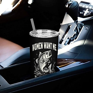Women Want Me Fish Fear Me Funny Fishing 20 OZ Stainless Steel Tumbler Travel Car Coffee Mug with Straw Lid Cleaning Brush Coffee Tumbler Mug for Women Men