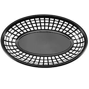 JAPCHET 60 Pack 9.4 x 6.1 Inch Black Fast Food Baskets, Oval Plastic Fast Food Serving Basket, Restaurant Serving Baskets for Burgers, Deli, Sandwiches, Fries, Easy Clean