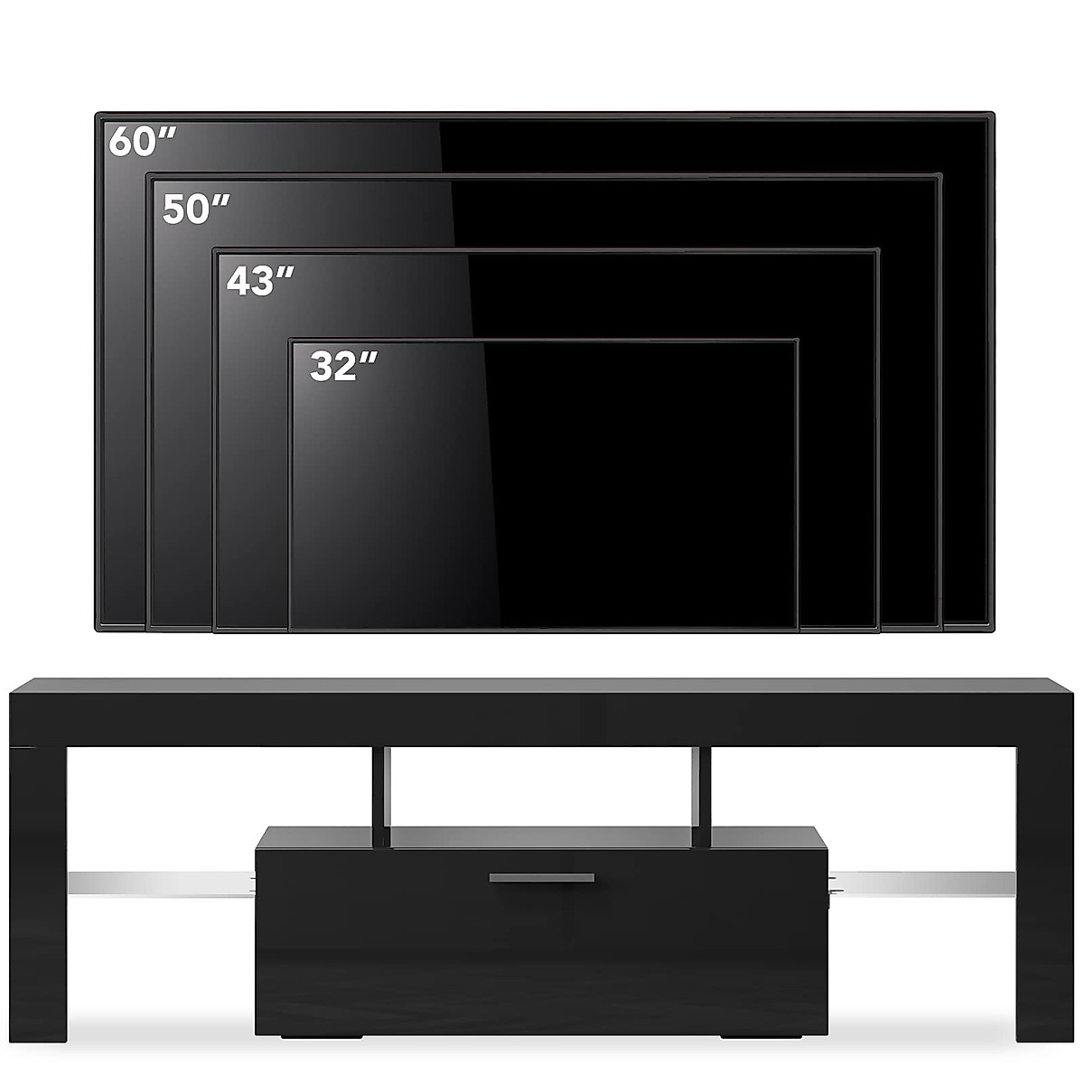 Entrintou Modern LED TV Stand for 55 inch TV with Shelves and Large Storage, Rustic Entertainment Center, Corner Small Television Stand, Black Table Top Gaming Glossy TV Stand for Living Room, Bedroom