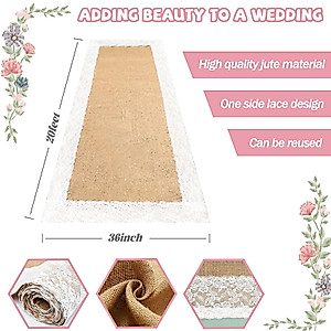 FUYITE Burlap Aisle Runner for Wedding Ceremony, 36" x 20ft Natural Burlap Wedding Aisle Runner with Lace, Jute Vintage Seamless Rustic Charm Wedding Runner Aisle Outdoor