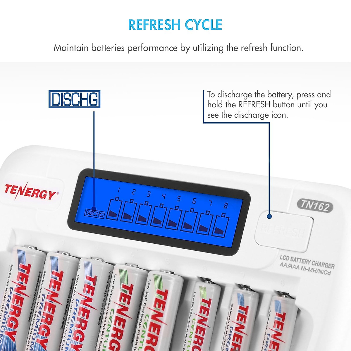 Tenergy TN162 8-Bay Smart LCD Battery Charger for Rechargeable AA/AAA NiMH/NiCd Batteries