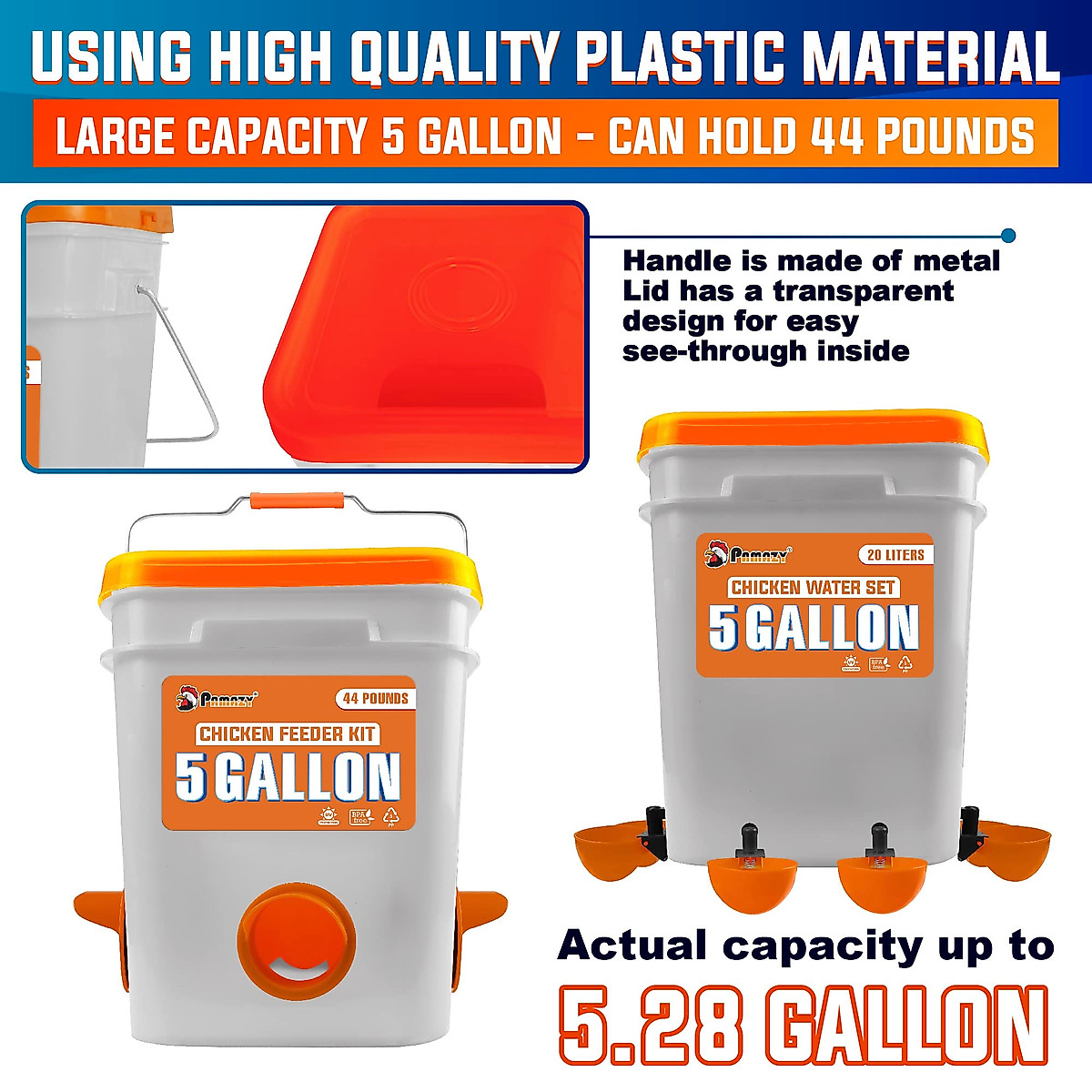 PAMAZY 5-Gallon/44 Pounds Automatic Chicken Feeder &Waterer Set2 Buckets),Chicken PortWater Cup NoWaste,Rain Proof Poultry Feeder,Avoid Small Animals. Suitable for Chicken,Duck,Turkey,Grey,OrangeCKF)