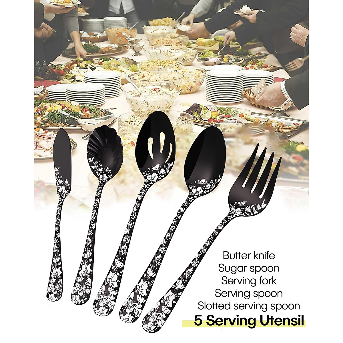 Stapava Serving Utensils Set Black, 5PCS Stainless Steel Flatware Serving Set with Large Serving Spoon Slotted Serving Spoon Serving Fork Sugar Spoon Butter Knife for Dinner Party, Dishwasher Safe