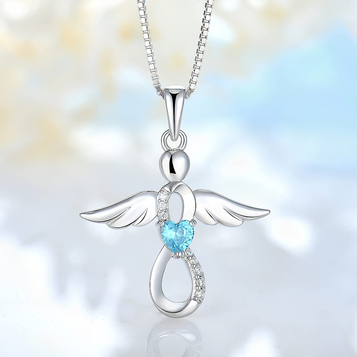 FJ Guardian Angel Necklace 925 Sterling Silver Infinity Aquamarine Necklace March Birthstone Pendant Angel Jewelry Gifts for Women