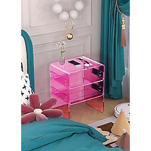 Clear Acrylic 3-Tier End Table/Nightstand – Sleek Bedside Storage with Durable Design, Perfect for Bedrooms, Living Rooms, or Modern Interiors – Ideal as a Bedside Table or Sofa Side Piece (Pink)