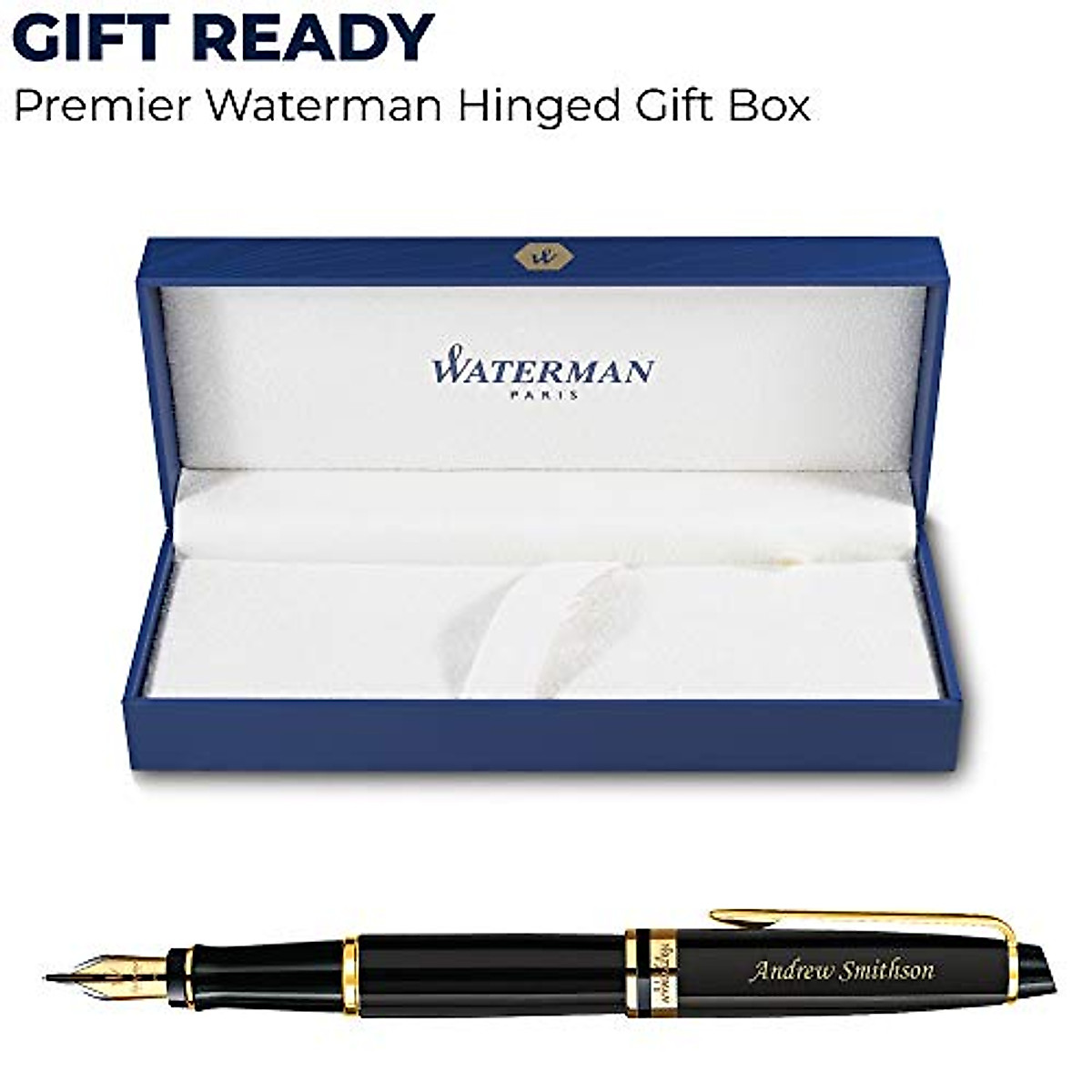 Personalized Waterman Fountain Pen | Engraved Waterman Expert Fountain Pen Black with Gold Trim. Custom Engraved By Dayspring Pens.
