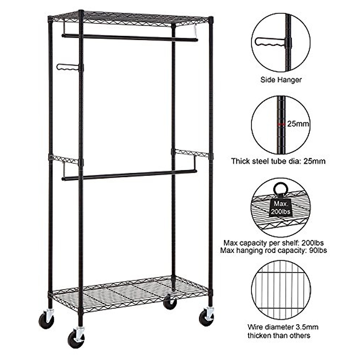 Finnhomy Heavy Duty Rolling Garment Rack Clothes Rack with Double Hanger Rods and Shelves, Portable Closet Organizer with Wheels, 1'' Diameter Thicken Steel Tube Hold Up to 300Lbs, Black