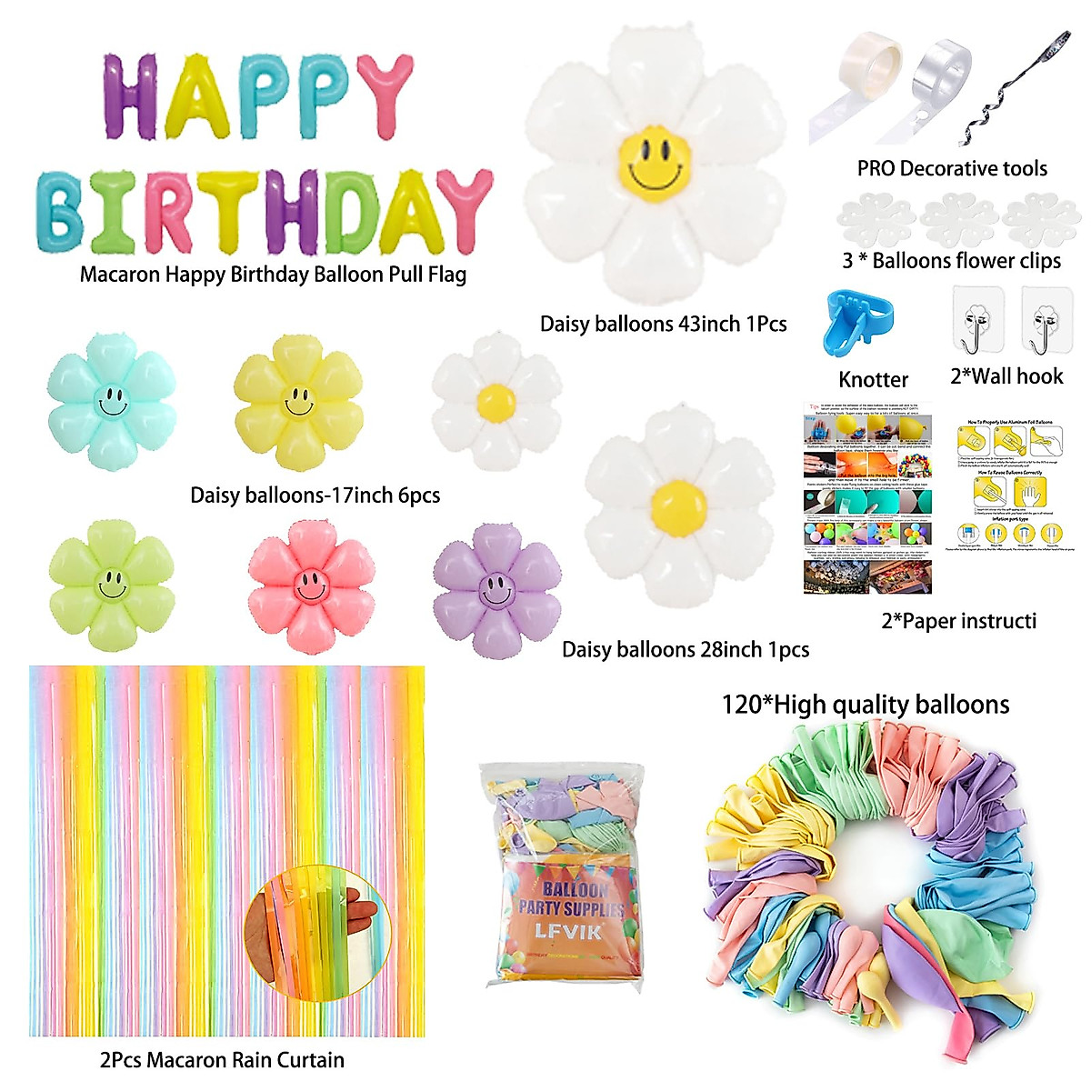 LFVIK Daisy Birthday Balloons Garland Arch Kit,Macaron Pastel Balloons Garland,White&Macaron Daisy Flower ,For Girls Daisy Birthday Shower Party Decorations,Groovy Boho Party Decoration