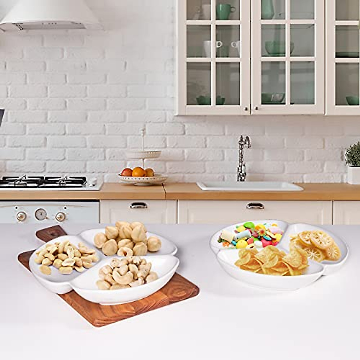 Aquiver 9 inch Matte Ceramic Divided Serving Platter & Tray - 3 Compartment White Serving Plates for Candy, Nuts, Fruit, Veggies, Appetizers, Set of 2